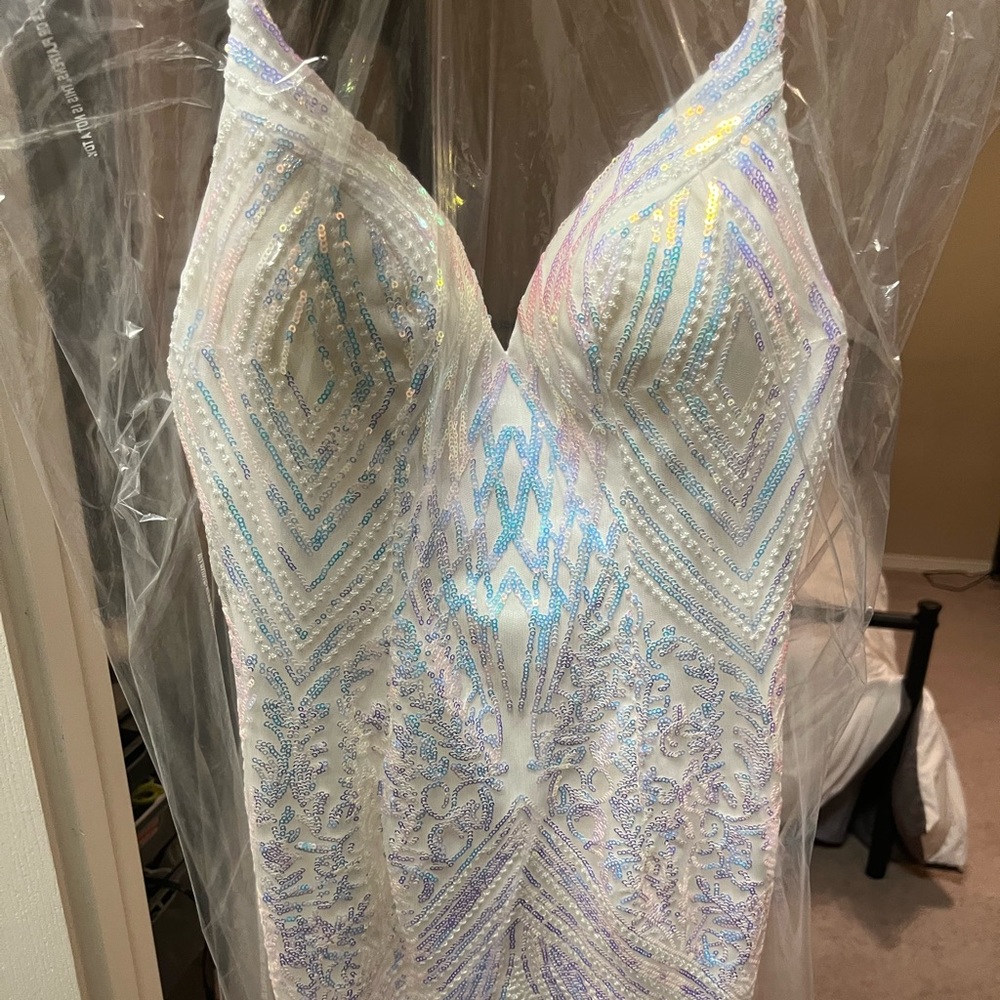 White Sequin Iridescent Prom Dress - Gem